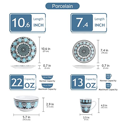 VEWEET, Series Audrie, Porcelain Dinnerware Sets with Patterned Floral, 16 PCS Plates and Bowls Sets for 4, Including Dinner Plates, Dessert Plates, Cereal Bowls and Mug, Microwave & Dishwasher Safe