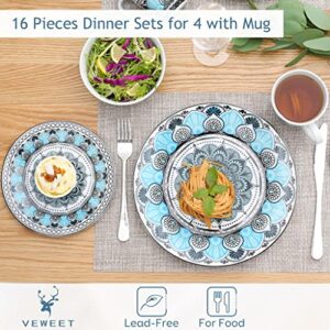 VEWEET, Series Audrie, Porcelain Dinnerware Sets with Patterned Floral, 16 PCS Plates and Bowls Sets for 4, Including Dinner Plates, Dessert Plates, Cereal Bowls and Mug, Microwave & Dishwasher Safe