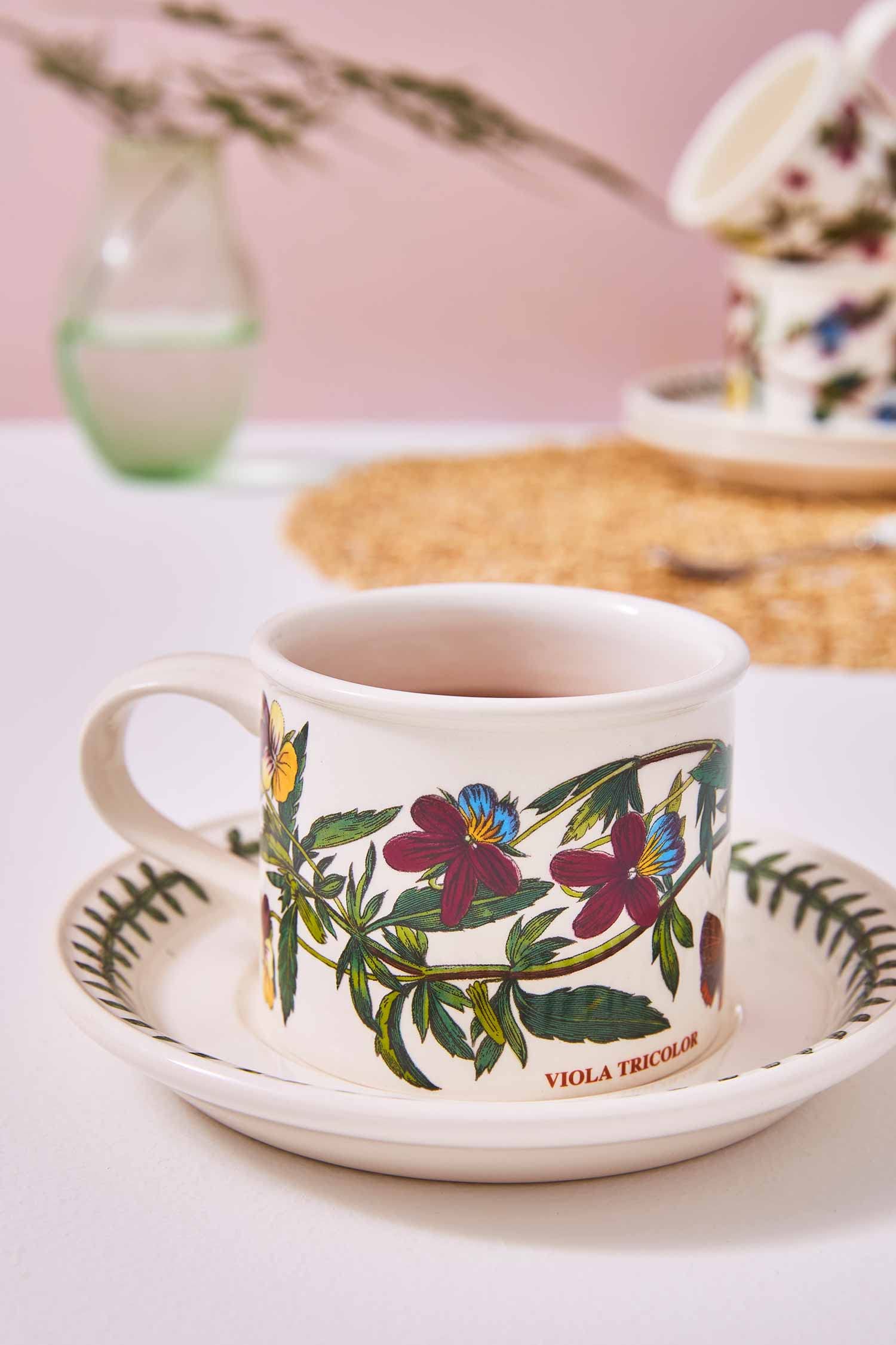 Portmeirion Botanic Garden Drum Shaped Teacup and Saucer | Set of 6 with Assorted Floral Motifs | 7 Oz Teacups and Saucers | Made in England from Fine Earthenware | Dishwasher Safe