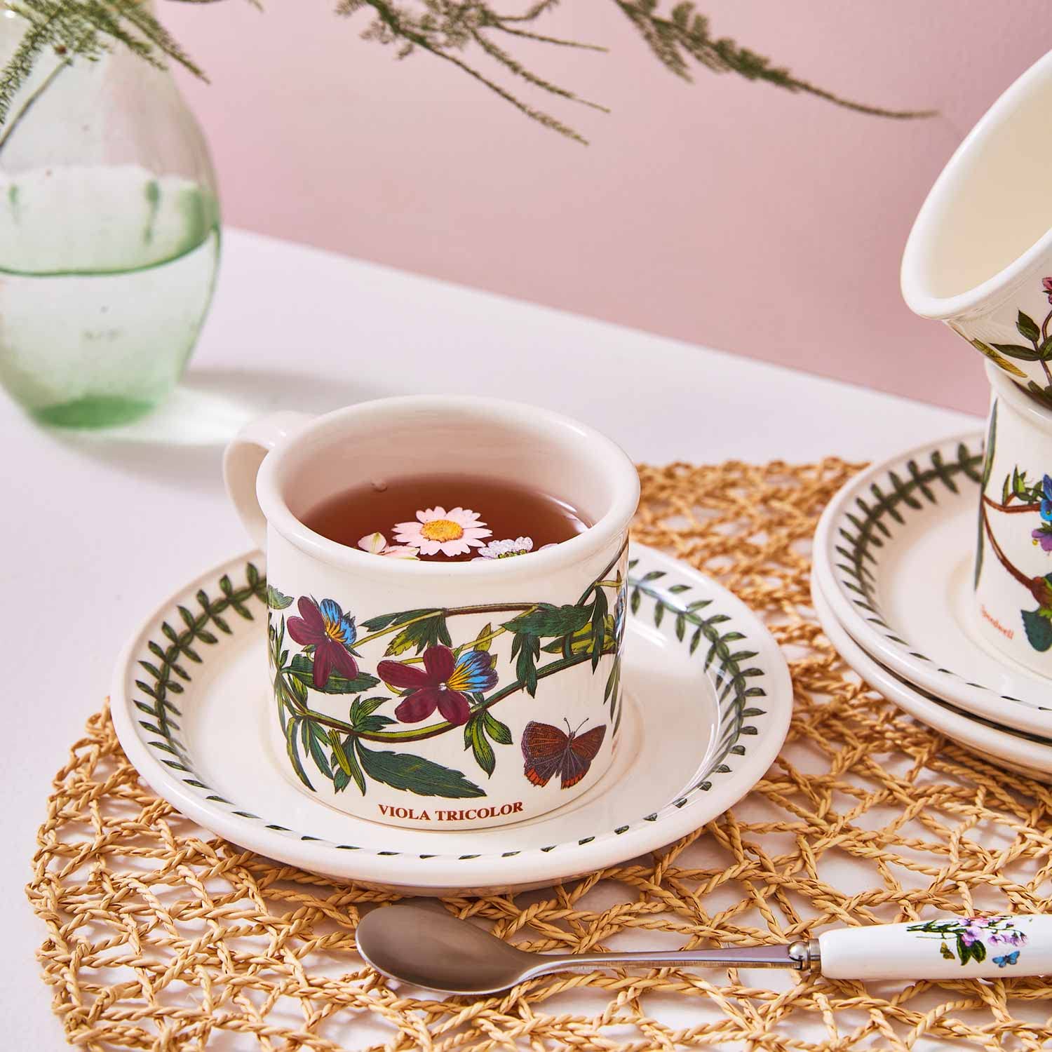 Portmeirion Botanic Garden Drum Shaped Teacup and Saucer | Set of 6 with Assorted Floral Motifs | 7 Oz Teacups and Saucers | Made in England from Fine Earthenware | Dishwasher Safe