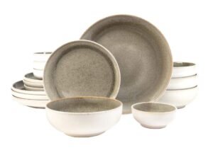 sango resona moss 16-piece stoneware dinnerware set with round plates and bowls, green