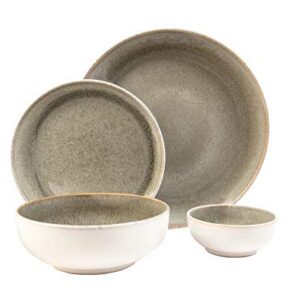 Sango Resona Moss 16-Piece Stoneware Dinnerware Set with Round Plates and Bowls, Green