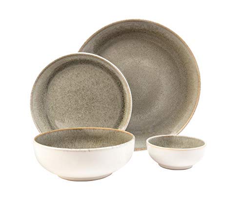 Sango Resona Moss 16-Piece Stoneware Dinnerware Set with Round Plates and Bowls, Green