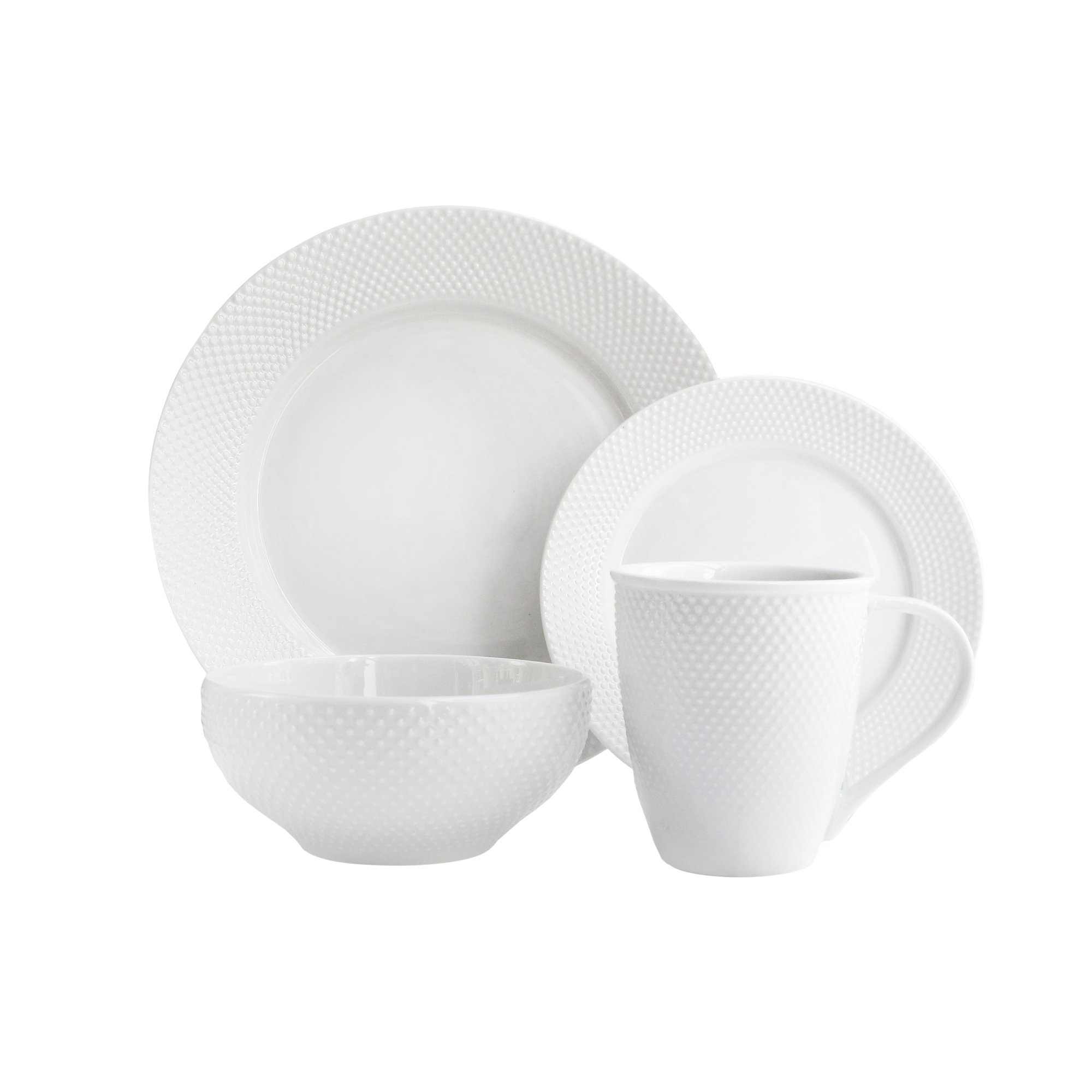 Elle Décor Chloe Round Dinnerware Set – 16-Piece Porcelain Dinner Set w/ 4 Dinner Plate, 4 Salad Plates, 4 Bowls & 4 Mugs – Unique Gift Idea Any Special Occasion or Birthday