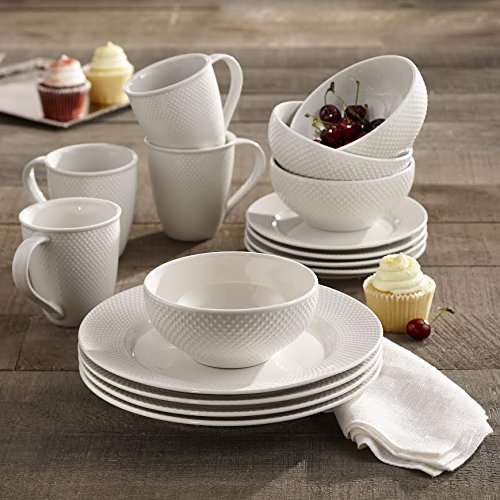 Elle Décor Chloe Round Dinnerware Set – 16-Piece Porcelain Dinner Set w/ 4 Dinner Plate, 4 Salad Plates, 4 Bowls & 4 Mugs – Unique Gift Idea Any Special Occasion or Birthday