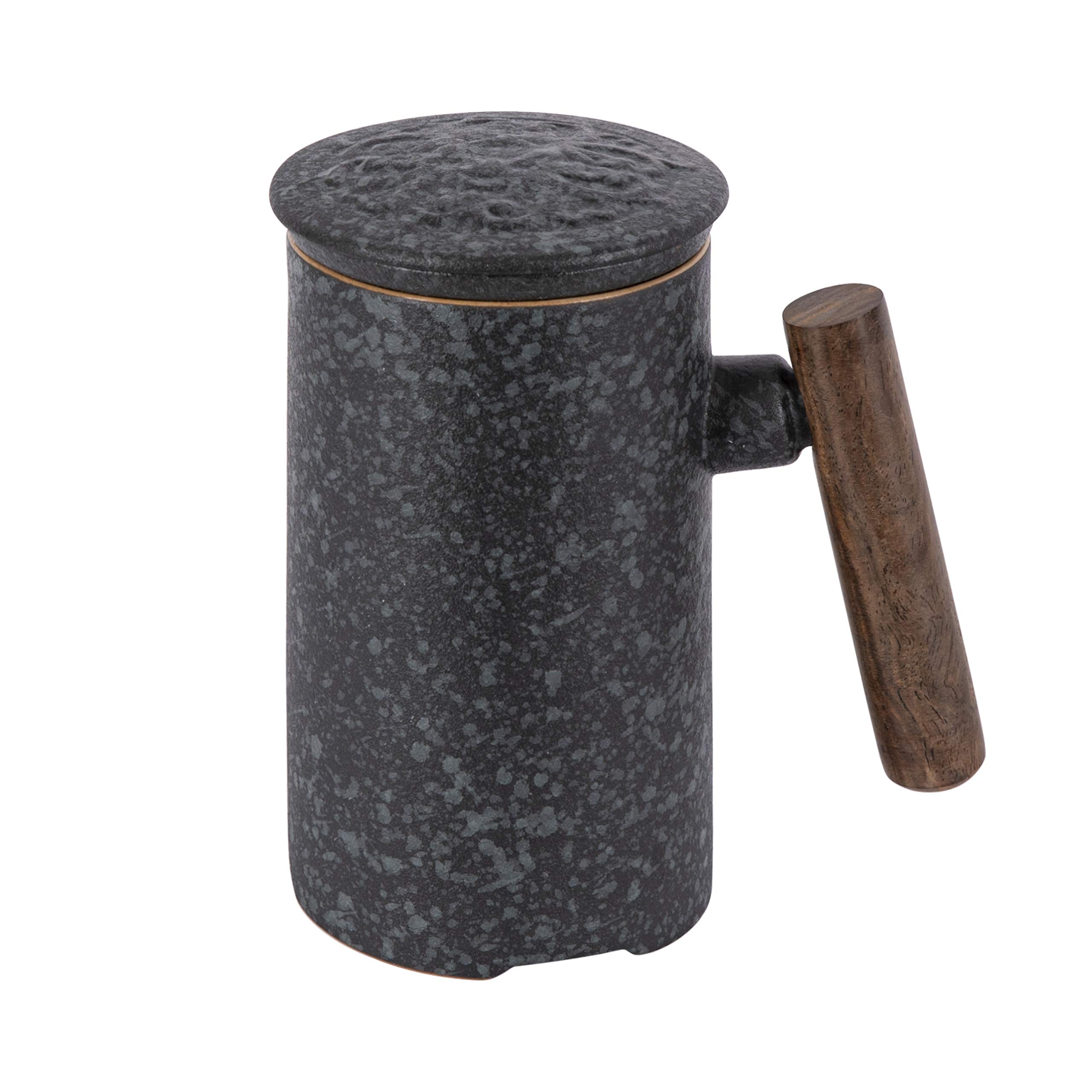 Fosenw Ceramic Tea Mug, Tea Cup with Lid,Infuser and Wooden Handle, 14 oz, Bluestone