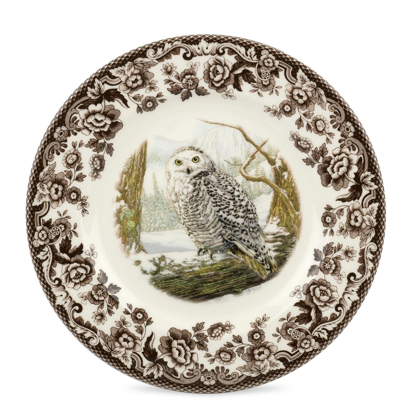 Spode Woodland Salad Plate, Birds of Prey, 8” Fine Dinnerware| Made in England | Ideal Hunting Cabin Décor | Microwave and Dishwasher Safe (Snowy Owl)