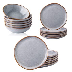 amorarc ceramic dinnerware set, service for 6 (18pcs), stoneware plates and bowls set,highly chip and crack resistant | dishwasher & microwave safe,gray-blue-rustic style