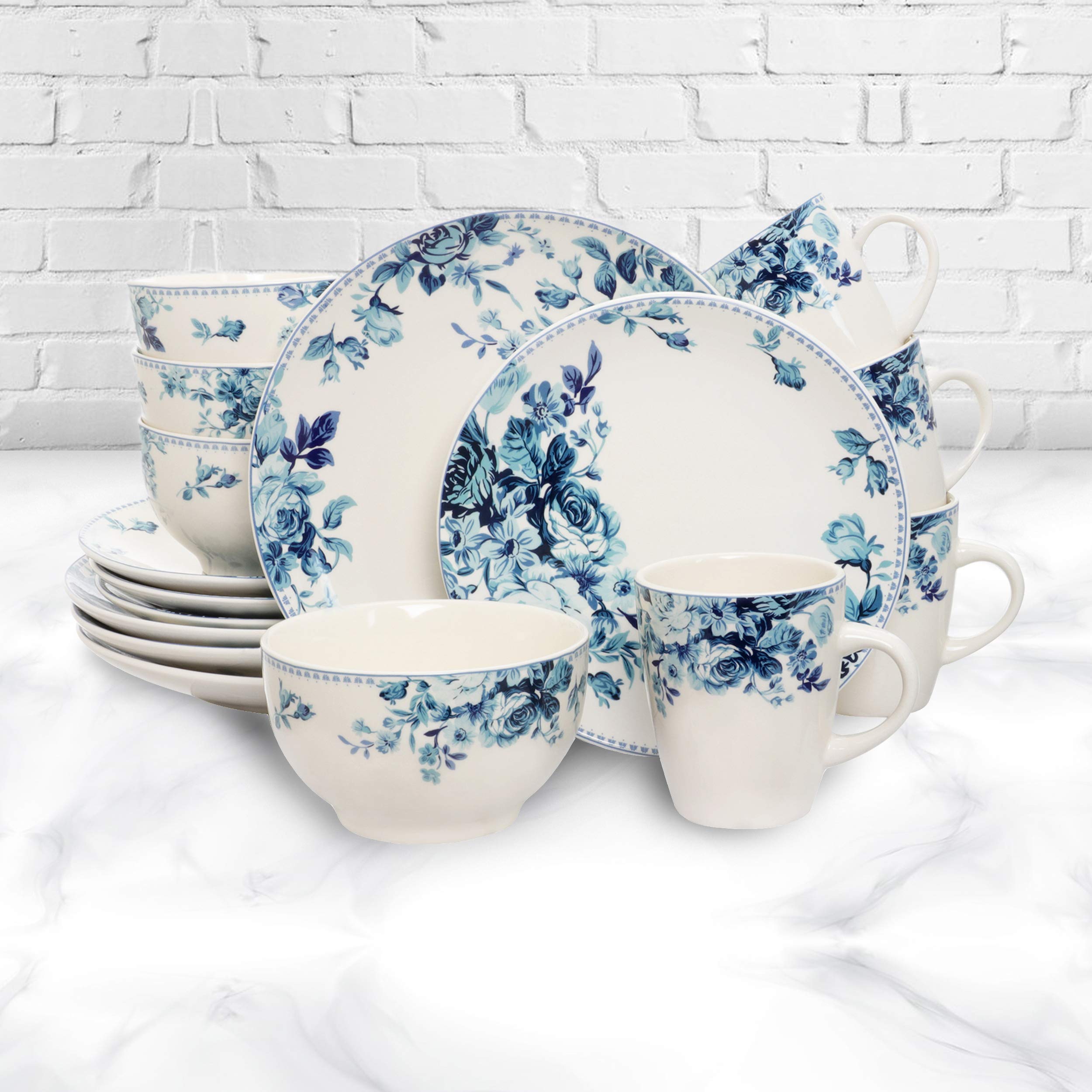 Elama Traditional Blue And White 16 Piece Dinnerware Set