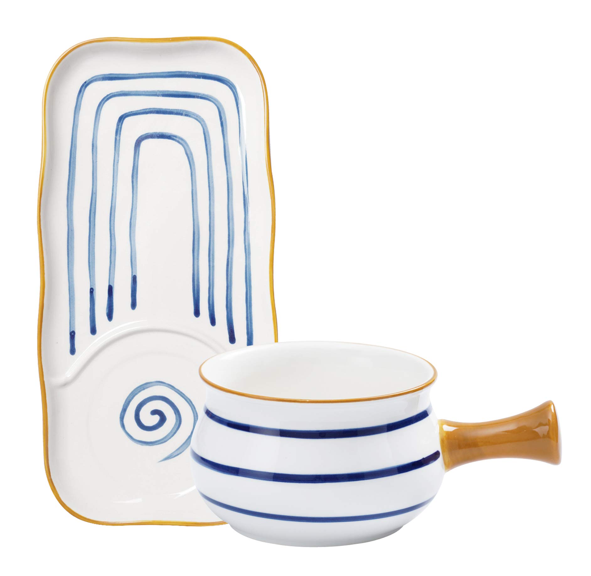 Jusalpha Individualized Creative Breakfast Bowl Set with Handle, Ceramic Cutlery Dinnerware Tableware Set Breakfast Plate Oatmeal Bowl Mug, Soup Bowl -Breakfast for One 01 (Strip Pattern)