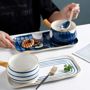 Jusalpha Individualized Creative Breakfast Bowl Set with Handle, Ceramic Cutlery Dinnerware Tableware Set Breakfast Plate Oatmeal Bowl Mug, Soup Bowl -Breakfast for One 01 (Strip Pattern)