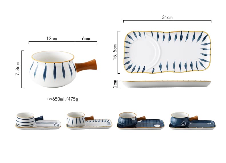 Jusalpha Individualized Creative Breakfast Bowl Set with Handle, Ceramic Cutlery Dinnerware Tableware Set Breakfast Plate Oatmeal Bowl Mug, Soup Bowl -Breakfast for One 01 (Strip Pattern)