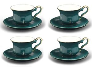 jomop gothic style ceramics tea cup and saucer set gold trim set of 4 (dark green)