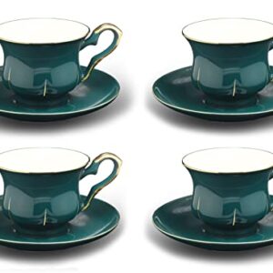 Jomop gothic style ceramics tea cup and saucer set gold trim set of 4 (Dark Green)