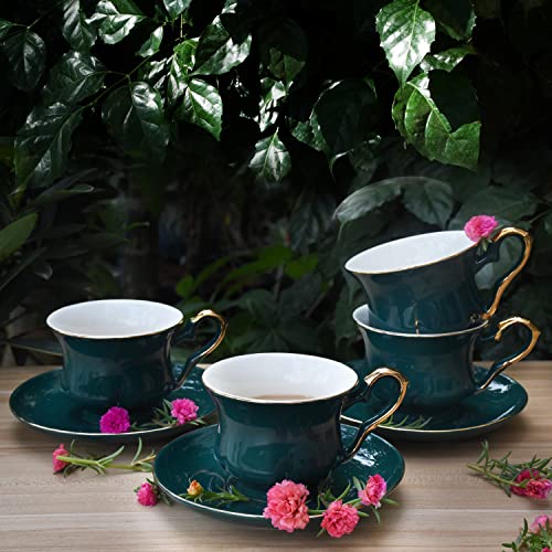 Jomop gothic style ceramics tea cup and saucer set gold trim set of 4 (Dark Green)