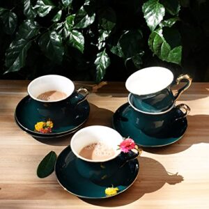 Jomop gothic style ceramics tea cup and saucer set gold trim set of 4 (Dark Green)