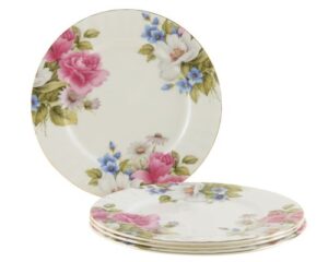 gracie bone china 7-1/2-inch ribbed dessert plate, pink grace's rose, set of 4. gold trimmed