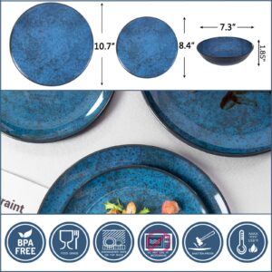 Gofunfun Melamine Dinnerware Sets for 4, Dinner Plates Bowls Set, Unbreakable Melamine Classic Blue Dinnerware, Dishwasher Safe Tableware Sets for Everyday Use, 12 Pcs