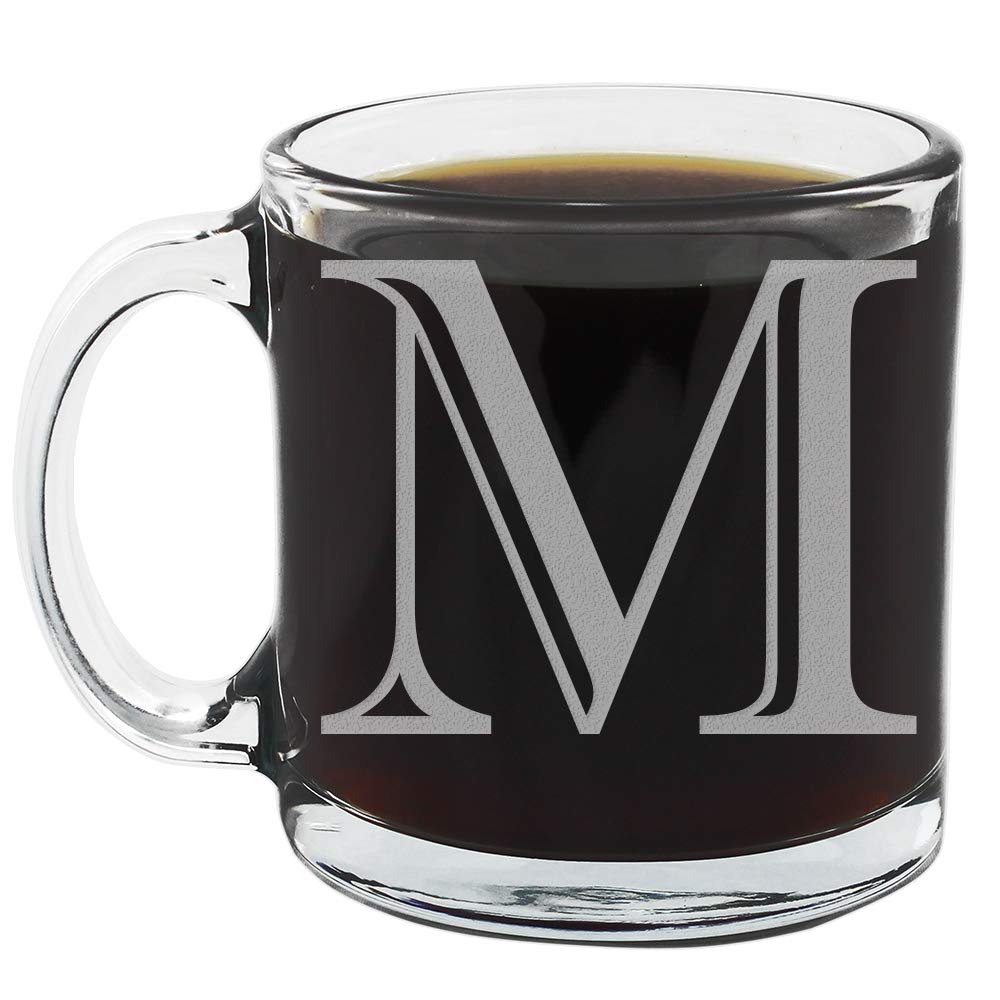 Spotted Dog Company Etched Monogram 12oz Clear Glass Coffee Mug (Letter M), A-Z Customized Coffee Gifts for Coffee Lovers, Custom Engraved Gifts for Women Her, Personalized Gift for Men, Initial