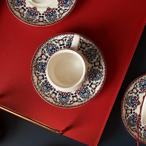 KARACA Nakkas Espresso Cup and Saucer Set for 6 People, 90 ml 3 oz Turkish Coffee Cups with Saucers, 12 Pieces, Mocha & Cappuccino Cups Made of Porcelain, Traditional Turkish Pattern, Dishwasher Safe