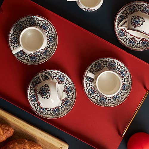 KARACA Nakkas Espresso Cup and Saucer Set for 6 People, 90 ml 3 oz Turkish Coffee Cups with Saucers, 12 Pieces, Mocha & Cappuccino Cups Made of Porcelain, Traditional Turkish Pattern, Dishwasher Safe