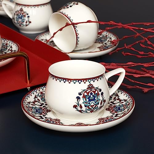 KARACA Nakkas Espresso Cup and Saucer Set for 6 People, 90 ml 3 oz Turkish Coffee Cups with Saucers, 12 Pieces, Mocha & Cappuccino Cups Made of Porcelain, Traditional Turkish Pattern, Dishwasher Safe