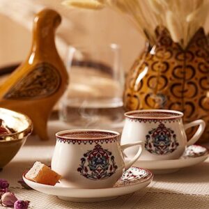 KARACA Nakkas Espresso Cup and Saucer Set for 6 People, 90 ml 3 oz Turkish Coffee Cups with Saucers, 12 Pieces, Mocha & Cappuccino Cups Made of Porcelain, Traditional Turkish Pattern, Dishwasher Safe