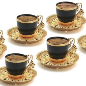 (Set of 6) Demmex Turkish Greek Arabic Coffee Espresso Demitasse Cup Saucer Spoon Set, Black Cups (Gold)