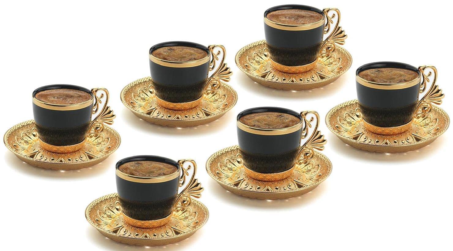 (Set of 6) Demmex Turkish Greek Arabic Coffee Espresso Demitasse Cup Saucer Spoon Set, Black Cups (Gold)