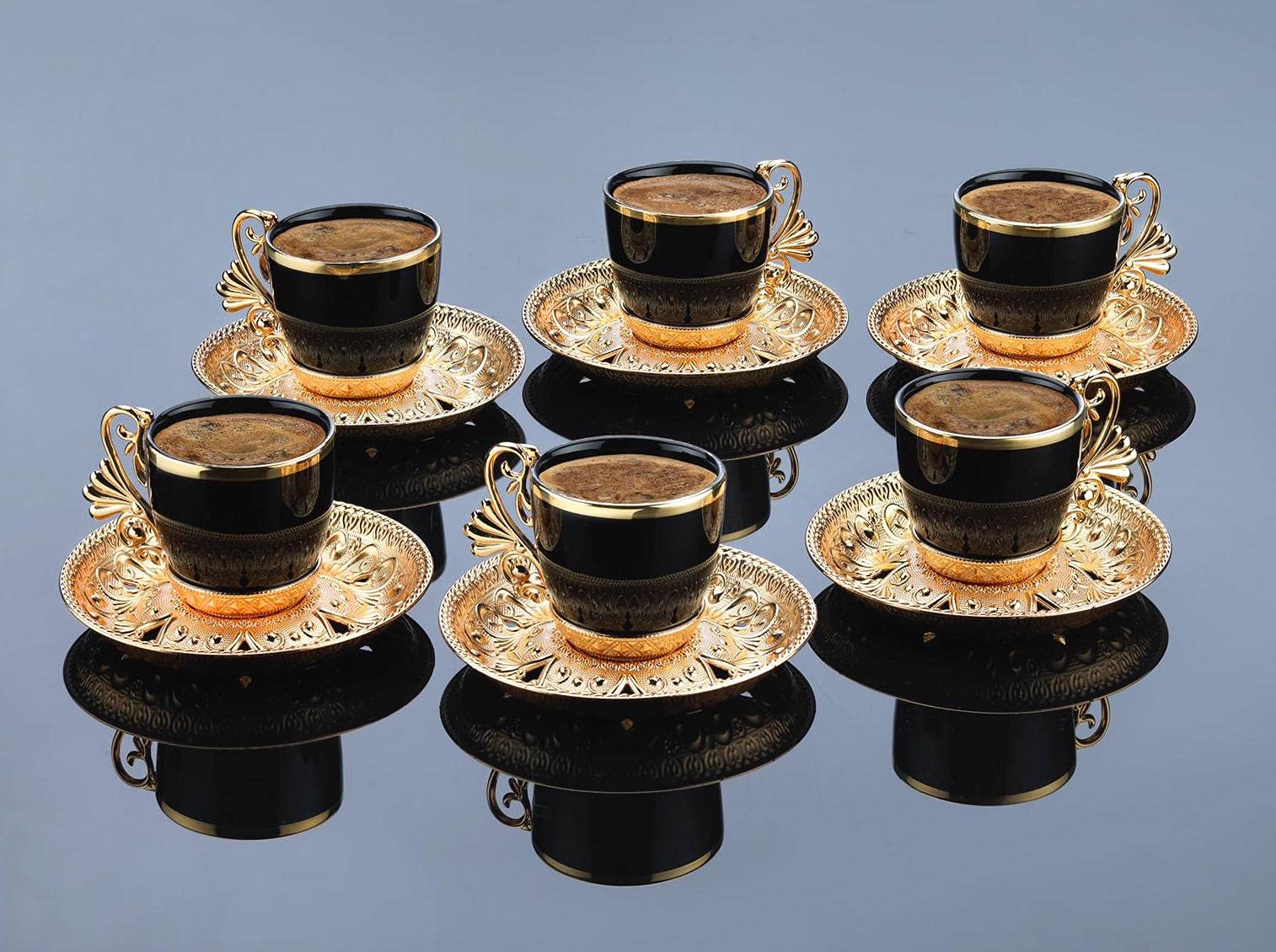 (Set of 6) Demmex Turkish Greek Arabic Coffee Espresso Demitasse Cup Saucer Spoon Set, Black Cups (Gold)