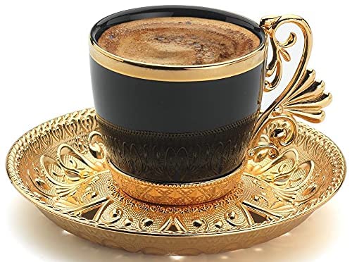 (Set of 6) Demmex Turkish Greek Arabic Coffee Espresso Demitasse Cup Saucer Spoon Set, Black Cups (Gold)