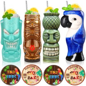 tiki mugs set of 4 - large ceramic hawaiian party mugs drinkware cocktails premium tropical cups cute exotic cocktail glasses-tjb08 (4)