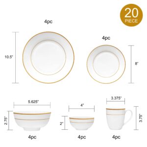 Bone China Dinnerware, 20PC Set, Service for 4, Double Gold Rim, White, Microwave Safe, Elegant Giftware, Dish set, Essential Home, Everyday Living, Display, decoration, Kitchen Dishes, Dinner set