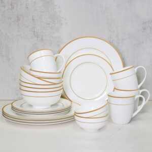 Bone China Dinnerware, 20PC Set, Service for 4, Double Gold Rim, White, Microwave Safe, Elegant Giftware, Dish set, Essential Home, Everyday Living, Display, decoration, Kitchen Dishes, Dinner set