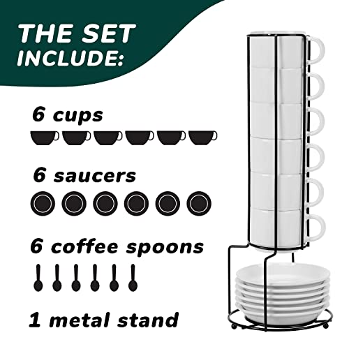 JULKYA SET OF 6 STACKABLE 4OZ IVORY WHITE PORCELAIN ESPRESSO CUPS WITH SAUCERS AND METAL STAND +BONUS STAINLESS STEEL SPOONS - LIGHTWEIGHT CUPS FOR ESPRESSO, LATTE, CAFÉ MACCHIATO, OR TEA