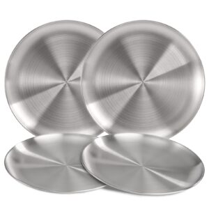 topzea 4 pack 304 stainless steel dinner plates, 10 inch matte polished metal round camping dishes set rust-proof food serving platter for salad, appetizer, fruit, dessert, dishwasher safe