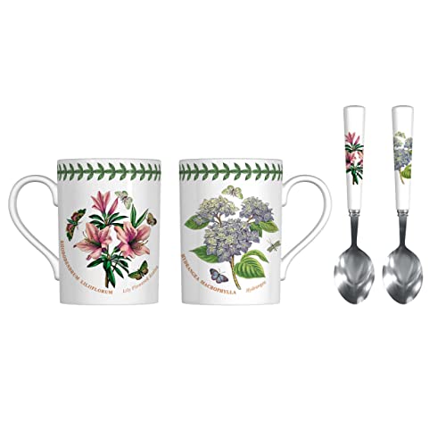 Portmeirion Botanic Garden Mug and Teaspoon Set | Azalea & Hydrangea Floral Motifs | 4 Piece Mug and Spoon Set | 11 Oz Mugs and 6” Teaspoons | Made from Ceramic and Stainless Steel