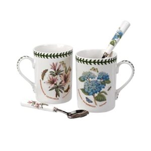 Portmeirion Botanic Garden Mug and Teaspoon Set | Azalea & Hydrangea Floral Motifs | 4 Piece Mug and Spoon Set | 11 Oz Mugs and 6” Teaspoons | Made from Ceramic and Stainless Steel