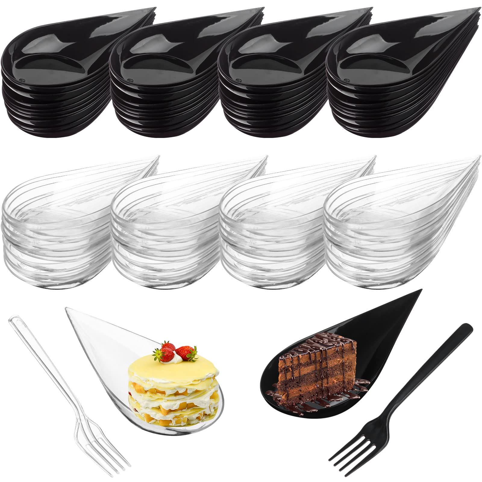 craftshou 400 Pcs 4 Inch Tear Drop Mini Appetizer Plates and Forks,Reusable Party Serving Mini Trays Small Catering Dessert Tasting Spoon Plate Plastic Dish Bowls for Sushi,Dipping Sauces,Ice Cream