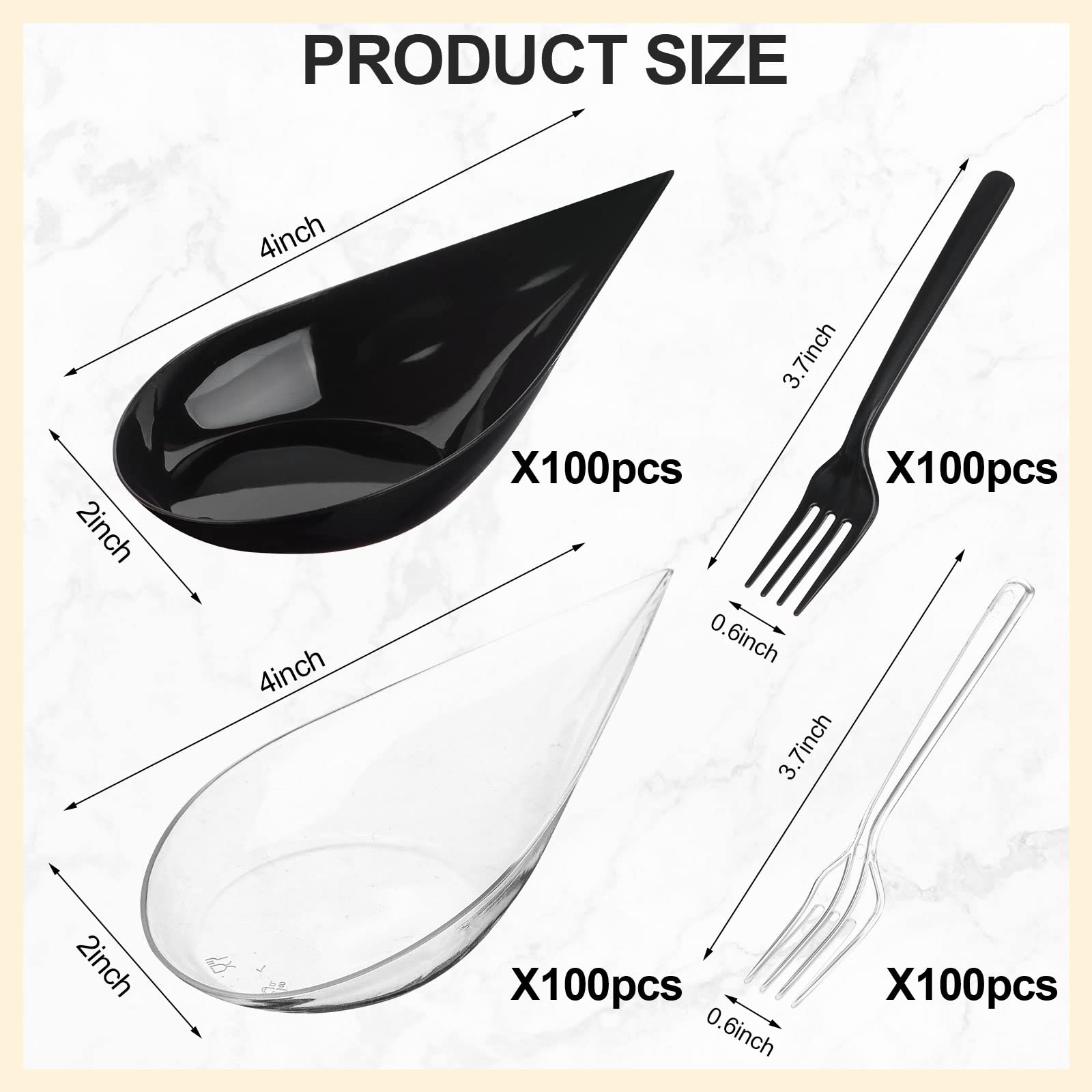 craftshou 400 Pcs 4 Inch Tear Drop Mini Appetizer Plates and Forks,Reusable Party Serving Mini Trays Small Catering Dessert Tasting Spoon Plate Plastic Dish Bowls for Sushi,Dipping Sauces,Ice Cream