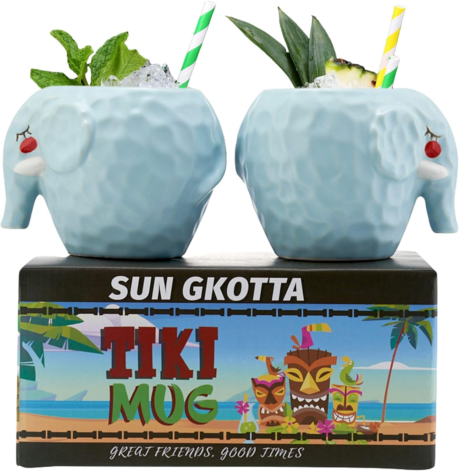 SUN GKOTTA Ceramic Mug elephant Shape Tiki Mugs Set of 2,Tiki Cups,Cute Exotic Cocktail Glasses for Bar Mai Tai, Punch, Pina Colada, and Tropical Drinks