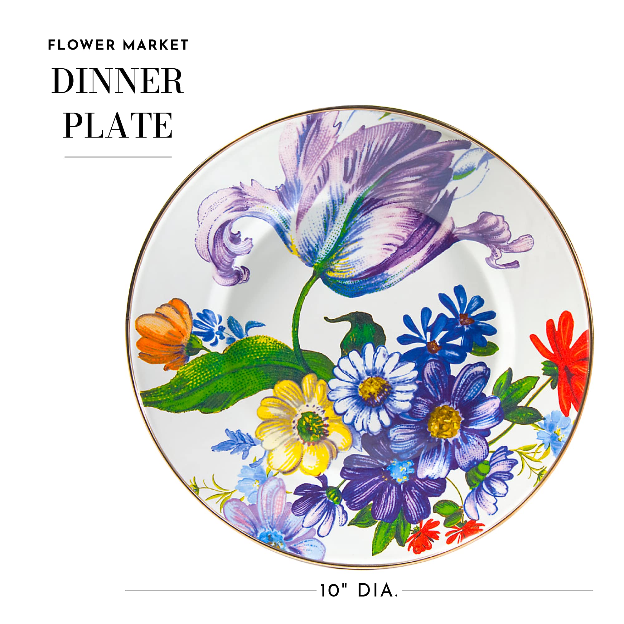 MACKENZIE-CHILDS Flower Market Enamel Dinner Plate, 10-Inch Round Serving Plate, White