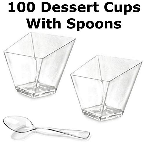 zappy 100 Ct Elegant Square Twist Mini Cube 2 oz with Clear Mini Spoons Clear Tasting Sample Shot Glasses 100 Ct Dessert Cups Disposable Plastic and 100 Mini Dessert Spoons