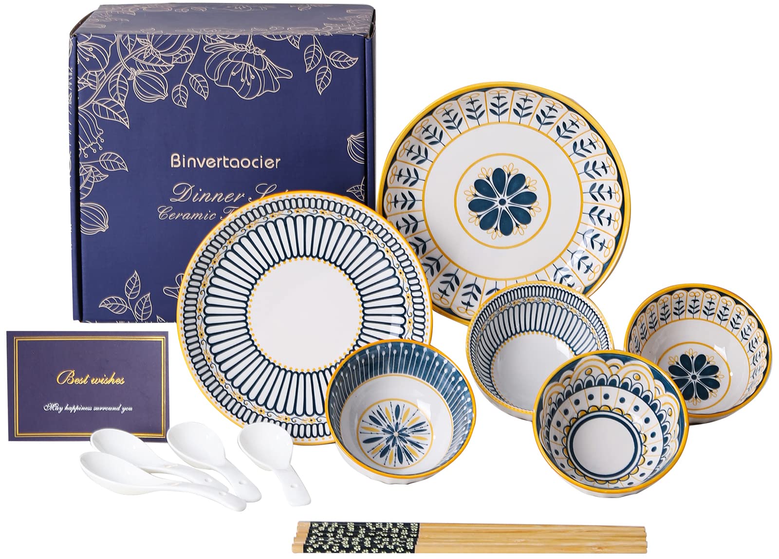 Binvertaocier 14-Piece Porcelain Asian Bowls Set with Spoons Rice Bowls with Chopsticks 10 Oz Bowls,Small Soup Bowls,Asian Plates and Bowls Set, (Modern blue)