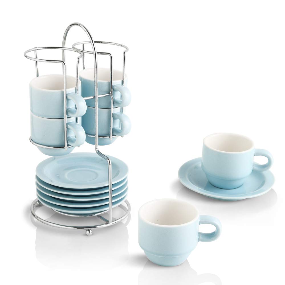 KOOV Porcelain Stackable Espresso Cups Set, Coffee Cups Set with Saucers and Metal Stand, 2.5 Ounce Coffee Cup Set of 6 (Pale Blue)