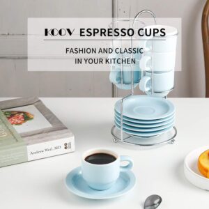 KOOV Porcelain Stackable Espresso Cups Set, Coffee Cups Set with Saucers and Metal Stand, 2.5 Ounce Coffee Cup Set of 6 (Pale Blue)