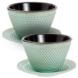 3oz set of 2 japanese tea cups and saucers set, cast iron, for black, green, herbal tea (3 x 2 in)