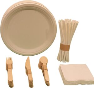 sol-eco paper plates compostable paper plates, biodegradeable paper plate sets freezer safe & eco friendly,wooden cutlery, paper napkins and cups