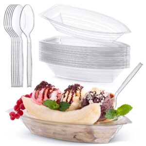 32 pcs 8 oz disposable banana split boats with spoons, clear plastic ice cream sundae bowls banana split ice cream dishes dessert bowls splits bowl tray for kids birthday party graduation