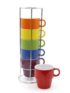 gypsy color the original brink house 12 oz. cappuccino stacking coffee mug set with metal stand, multi-colored hand-glazed ceramic stoneware